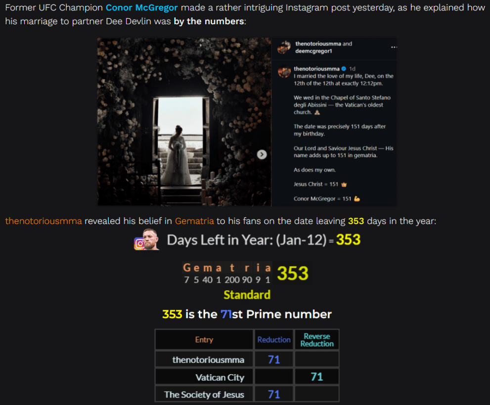Conor McGregor Expresses His Appreciation for Gematria - Gematrinator 85